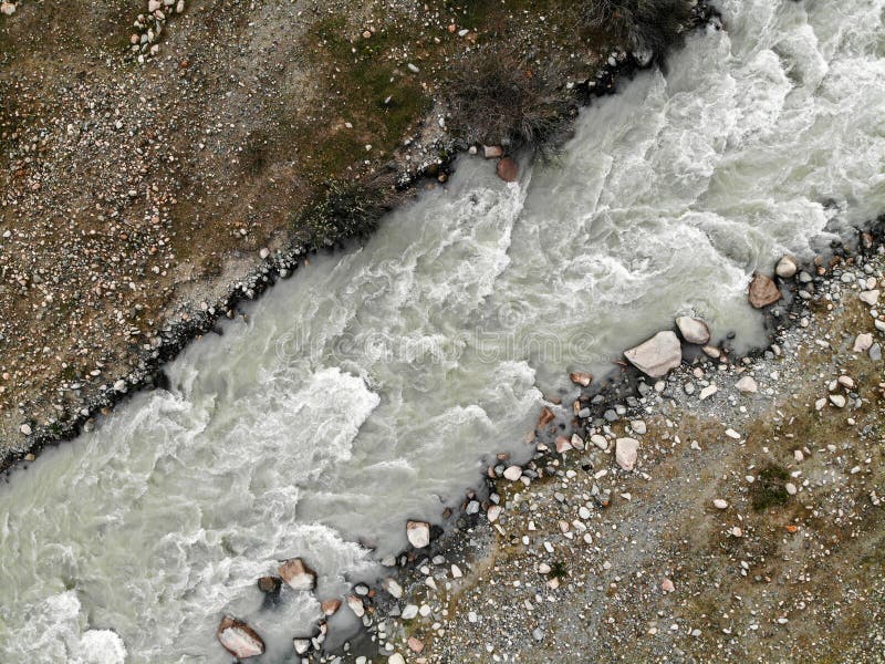 Mountain River Stream. Water Flow. Aerial Drone View. Flying Over. Top ...