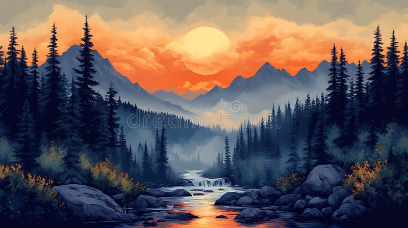 Mountain River Sunset Landscape, Digital Art, Nature Scene Stock ...