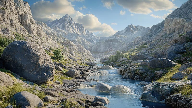 Mountain River Valley Landscape, Sunny Day, Background Clouds, Nature ...