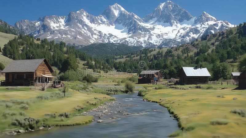 Mountain River Valley with Log Cabins and Snow-Capped Peaks Backdrop ...