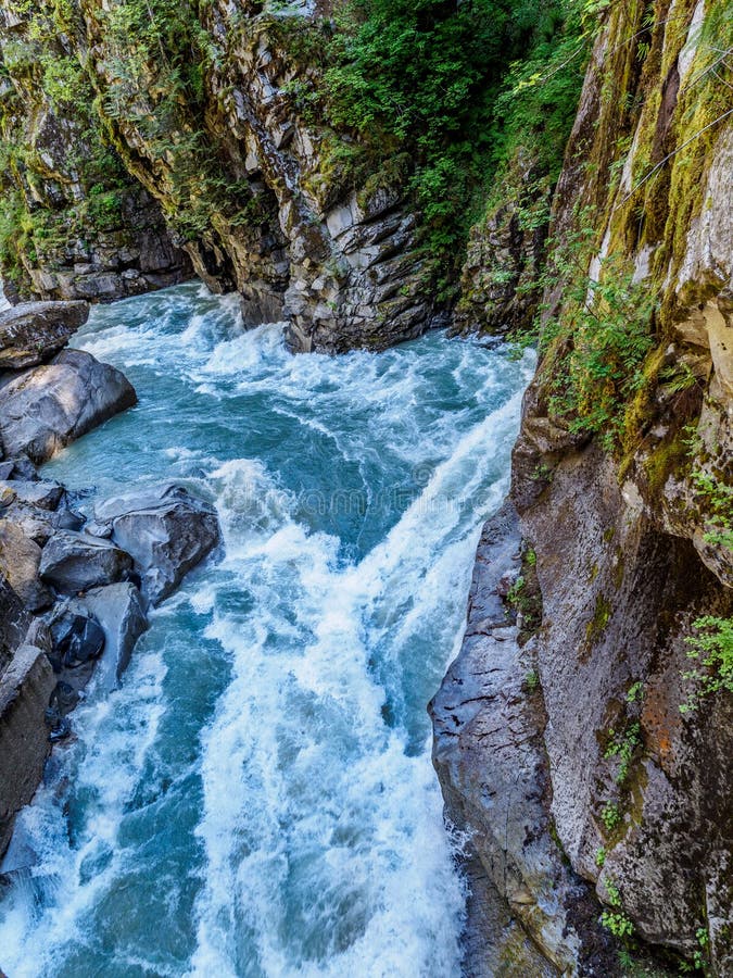 Mountain River with Wild Rapids, Water Breaks Violently Over a R Stock ...