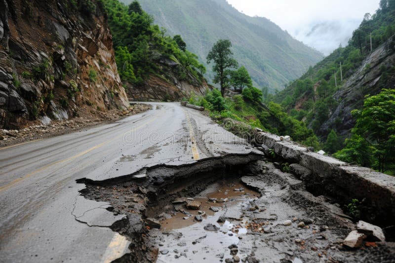 Mountain Road Damaged by Landslides, with Deep Cracks and Mud ...