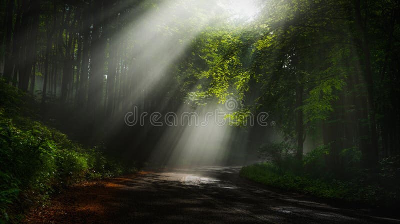 The Road is Illuminated by Sun Rays Breaking through the Fog in the ...