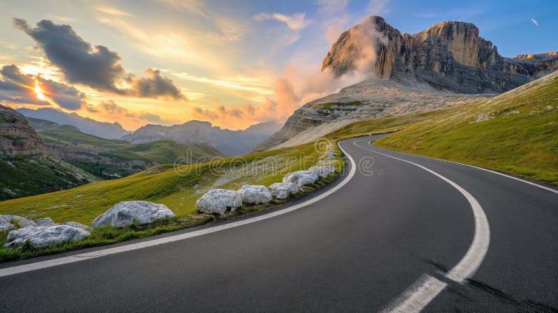 Mountain road and sunset stock photo. Image of transportation - 304255684