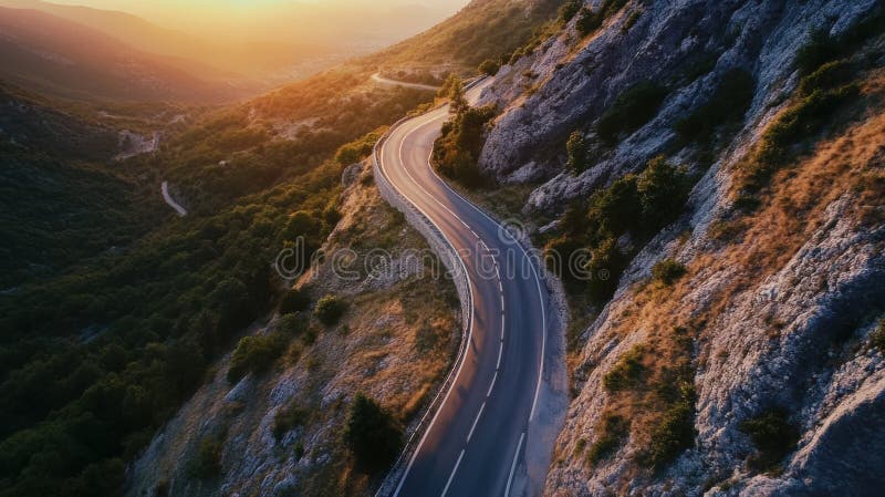 Mountain Road at Sunset. Top View. Stock Image - Image of summer, tree ...