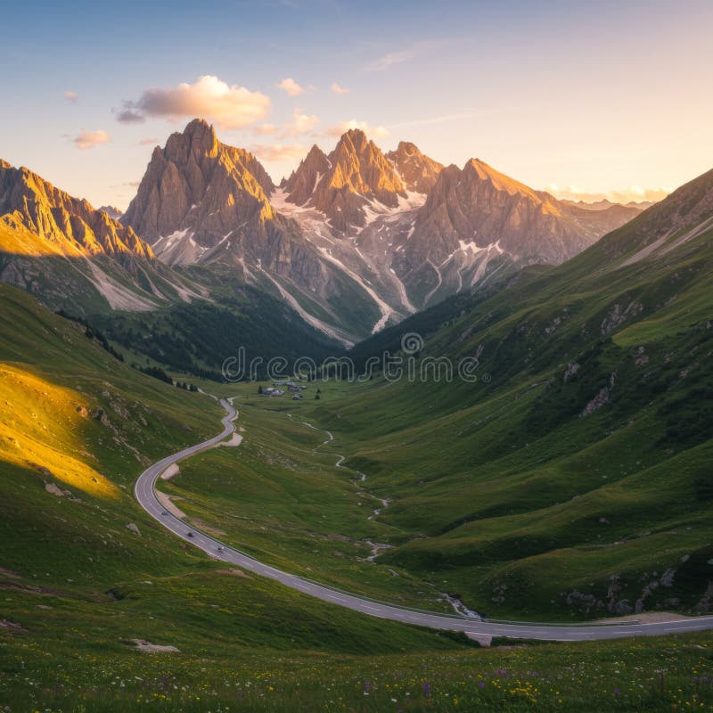 Mountain Road at Sunset, Winding Path through Alpine Valley Stock ...