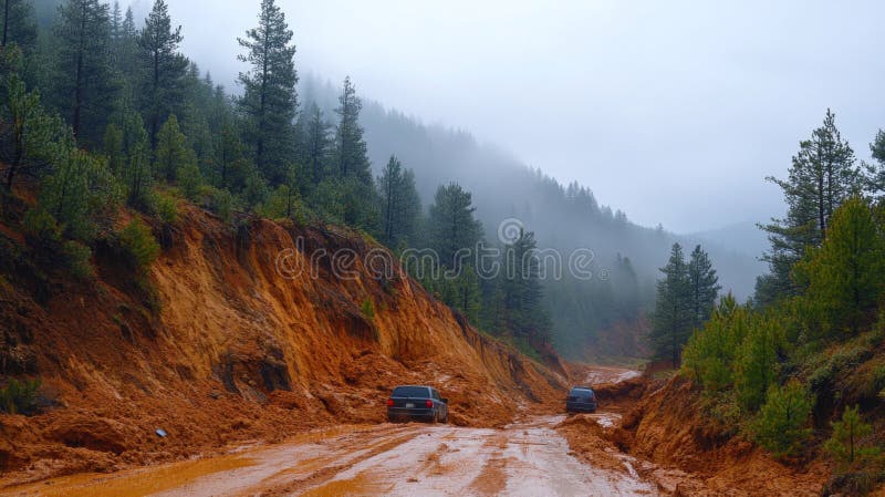 Mountain Road Vehicles Navigating Mudslide Debris Stock Photo - Image ...