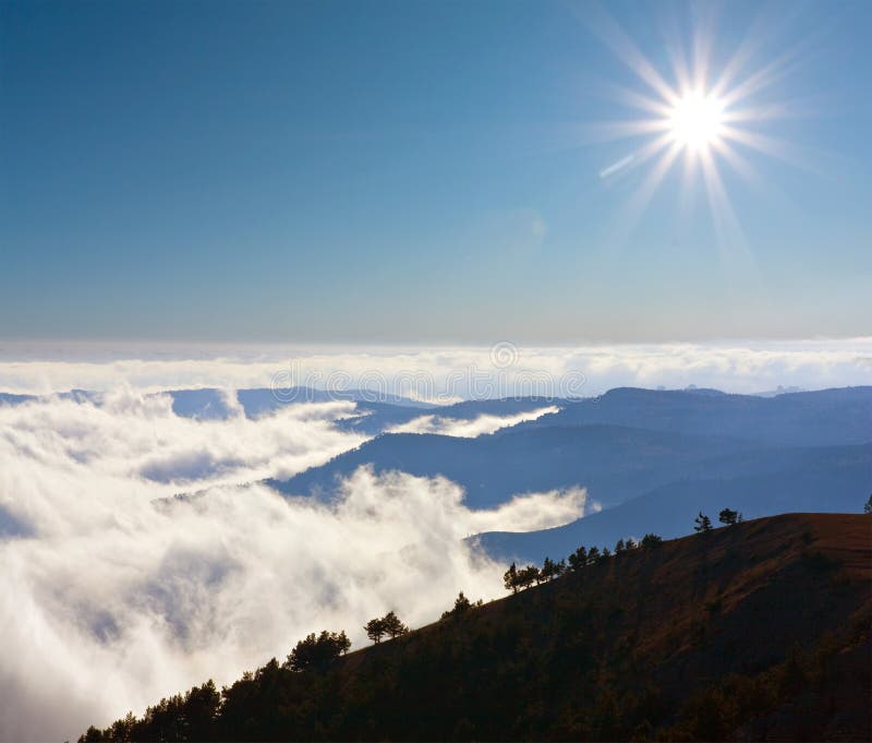 Mountain S Scene with Sun Over Clouds Stock Image - Image of blue ...