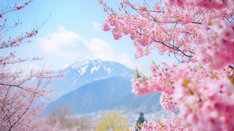 Mountain Sakura Garden Spring Scenery . Generative Ai Stock ...