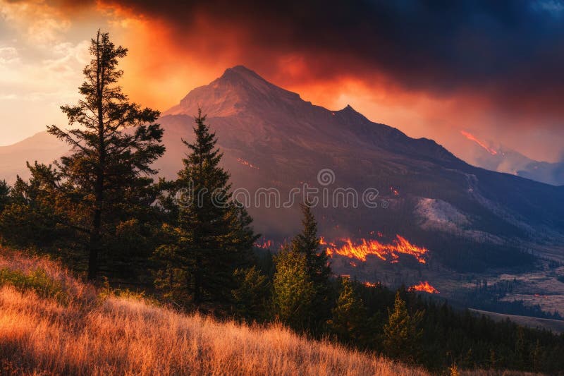 A Mountain Scene with a Fire Burning in the Distance Stock Photo ...