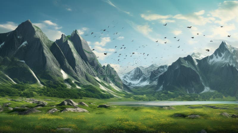 Serene Mountain Landscape in Lofoten: Life-like Avian Illustrations ...