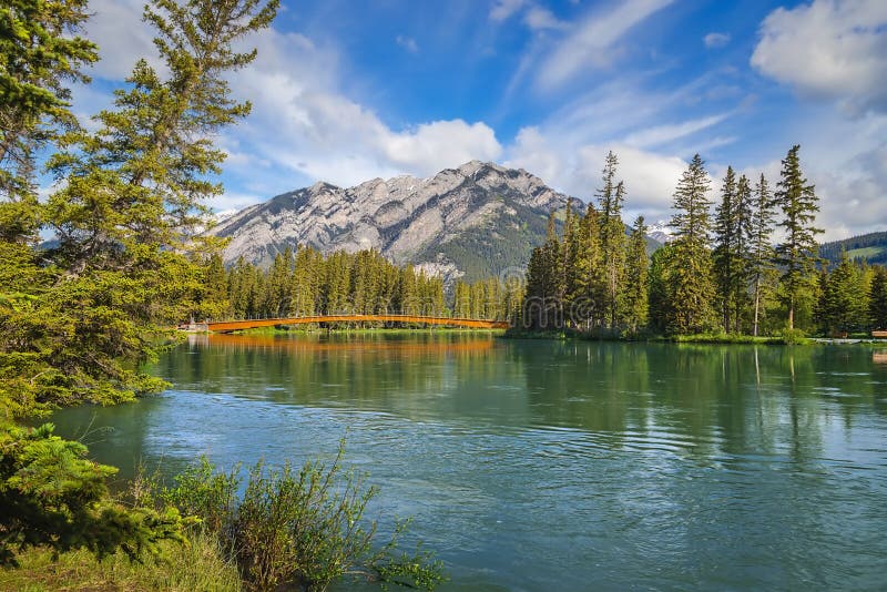 Mountain Scenery by the Banff Bow River Stock Photo - Image of bridge ...