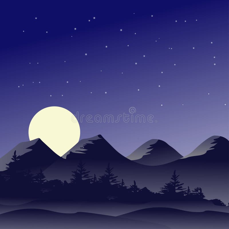 Mountain Scenery at Night with a Bright Moon Stock Vector ...