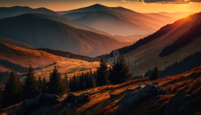 Mountain Scenery in the Setting Sun. Generative AI Stock Illustration ...