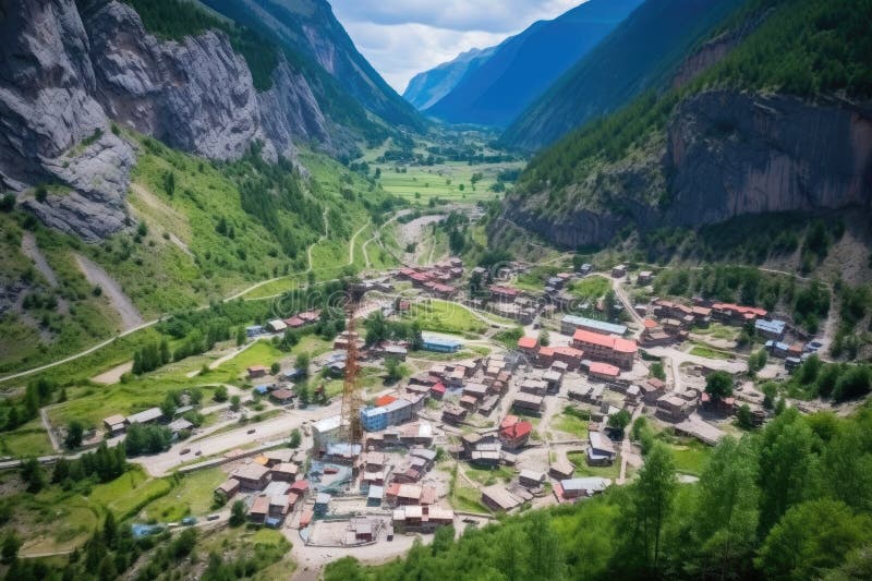 Mountain Settlement Viewed from an Overhead Ledge Stock Photo - Image ...