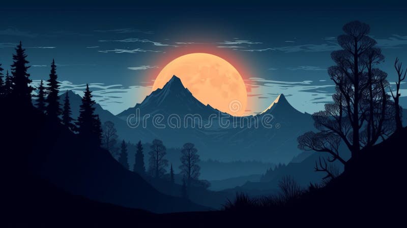 Mountain Silhouette with Full Moon Stock Illustration - Illustration of ...