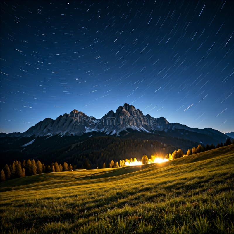 Mountain Silhouette Under Starlit Sky Stock Illustration - Illustration ...