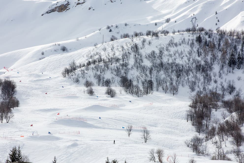 Mountain-ski Trail with Marking Flags Stock Photo - Image of alpine ...
