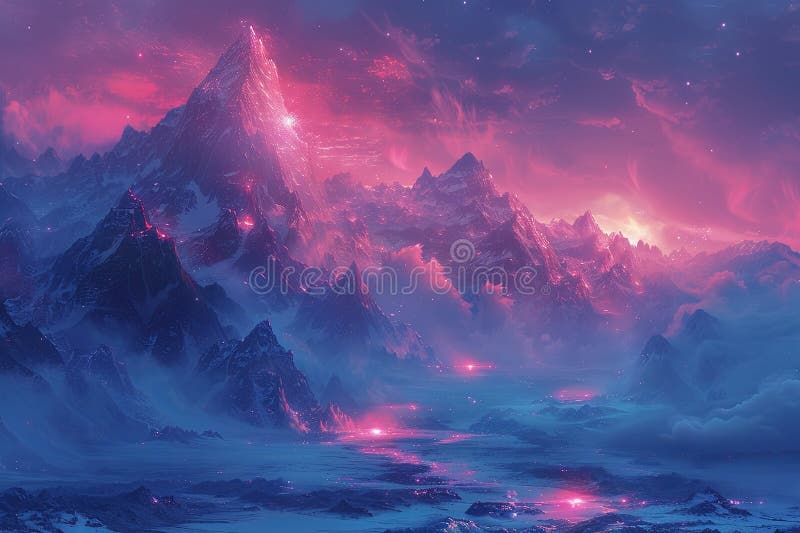 Mountain Snow Range with Pink Sky and Glowing River Stock Illustration ...