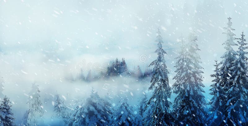 Mountain Snowy Landscape and Snow Covered Trees, Graphic Effect Stock ...