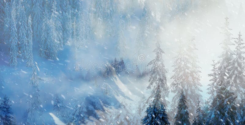 Mountain Snowy Landscape and Snow Covered Trees, Graphic Effect Stock ...