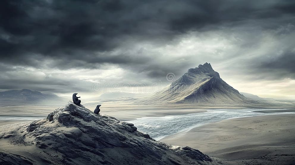 Mountain Solitude Figures Conversing Atop Rock, River Valley Backdrop ...