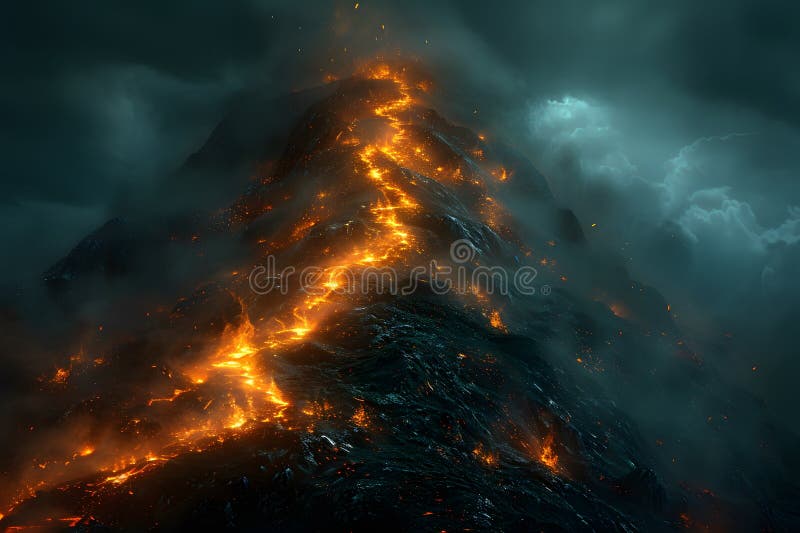 Mountain Erupting in Flames. Generative AI Stock Illustration ...