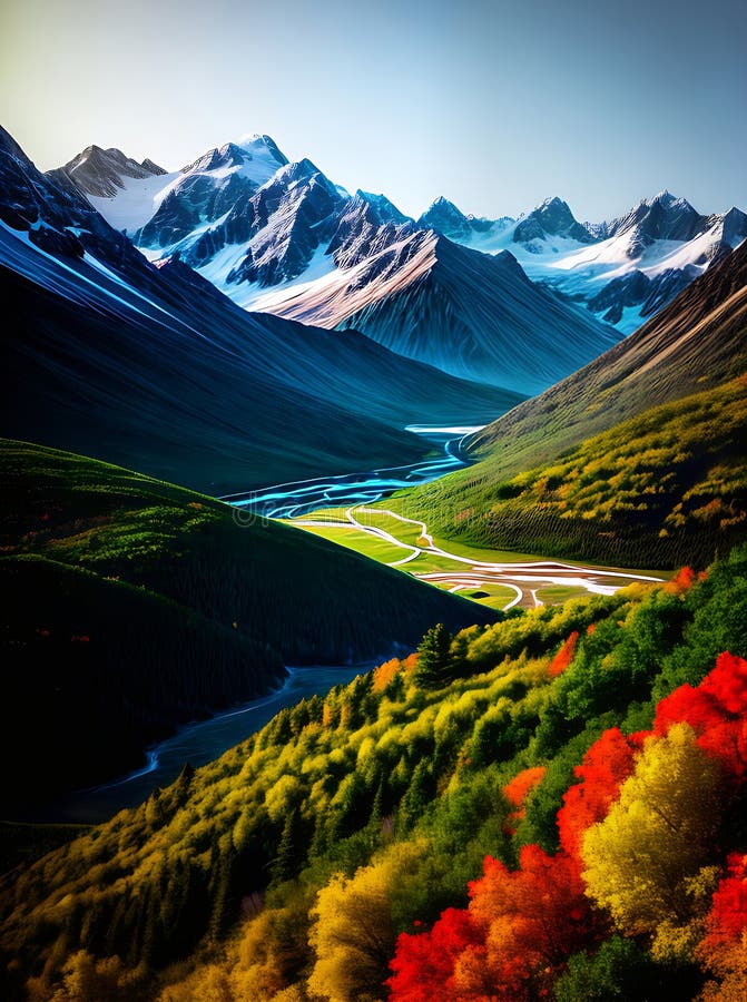 Mountain Spring with Flat Neon Color Palette. Stock Image - Image of ...