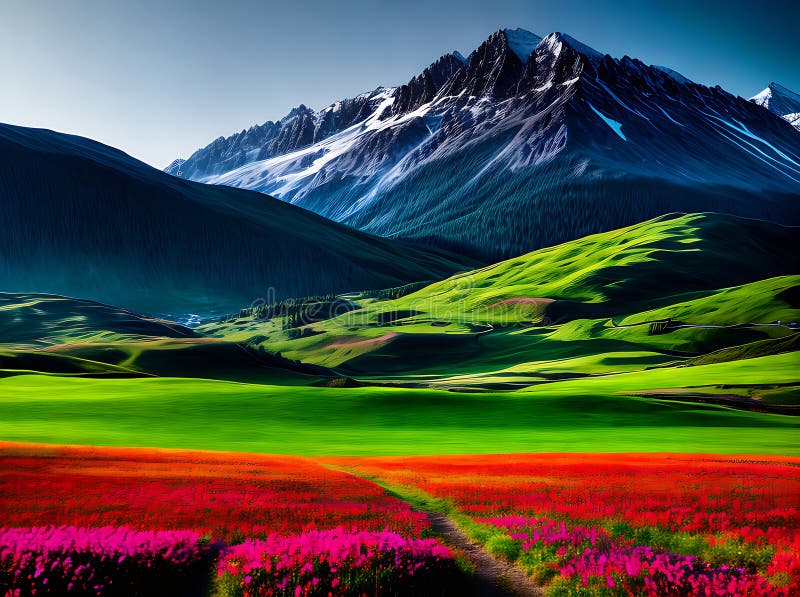 Mountain Spring with Flat Neon Color Palette. Stock Image - Image of ...