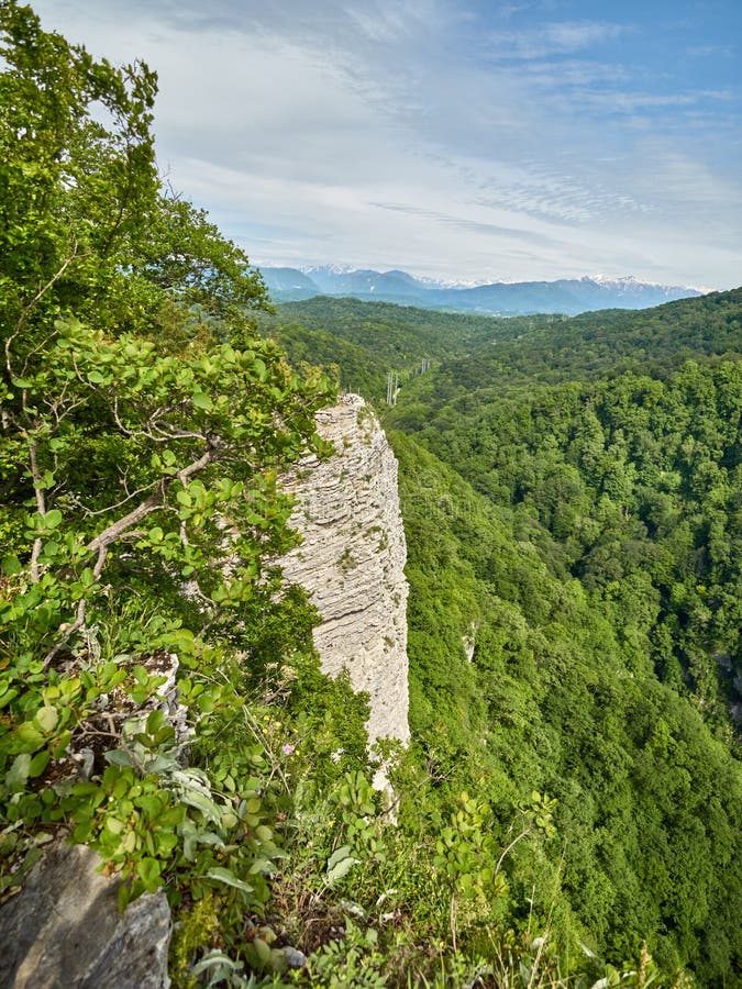 Mountain with a Steep Rocky Slope and Valley with Thick Green Forest ...