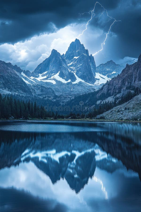 Mountain Storm Landscape, Dramatic Mountains Under a Storm with Lightning, Mirrored by a ...