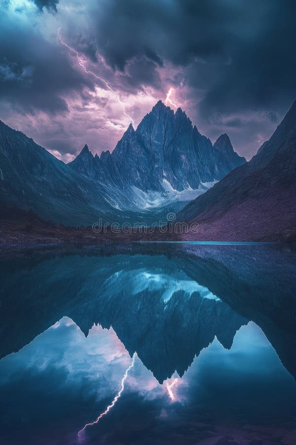 Mountain Storm Landscape, Dramatic Mountains Under a Storm with Lightning, Mirrored by a ...