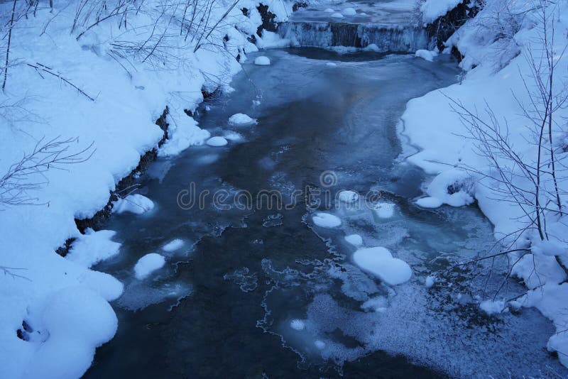 Mountain Stream or Brook in Winter with Small Cascade Covered with Thin ...