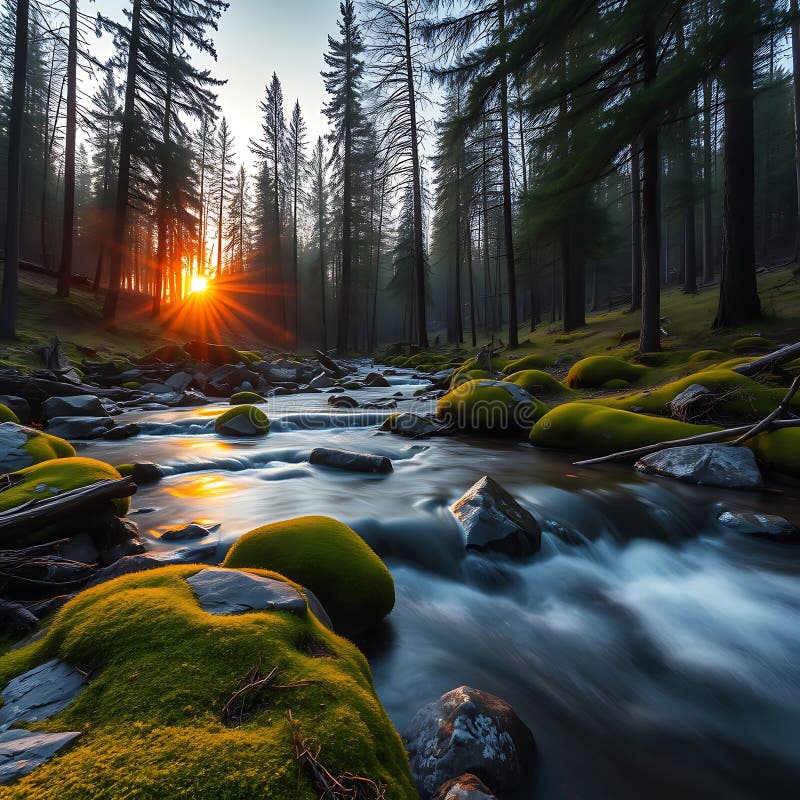 Mountain Stream at Dawn stock illustration. Illustration of wilderness ...