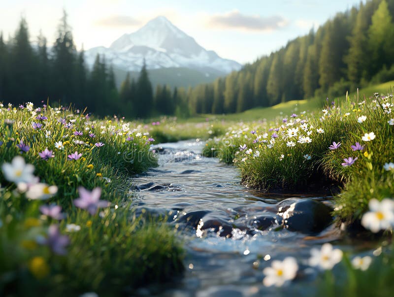 A Stream Flows through a Forest with Wildflowers in Full Bloom ...