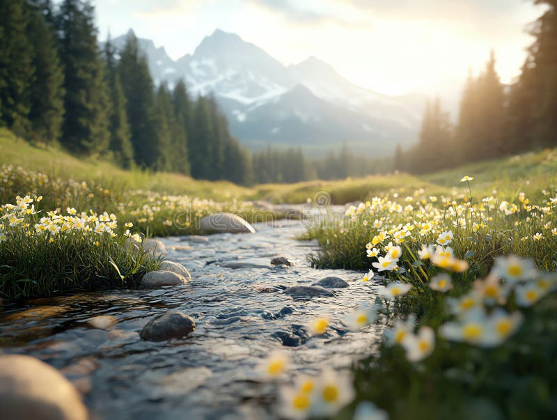 A Stream Flows through a Forest with Wildflowers in Full Bloom ...