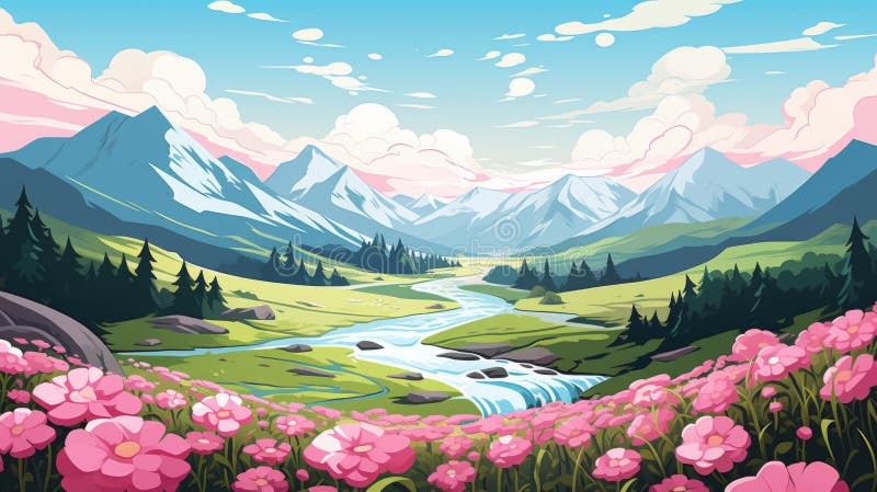Mountain Stream Flowing through Meadow with Flowers Stock Illustration ...