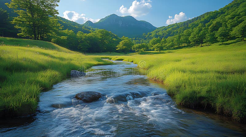 Mountain Stream Flows through Lush Green Valley Stock Illustration - Illustration of fresh ...