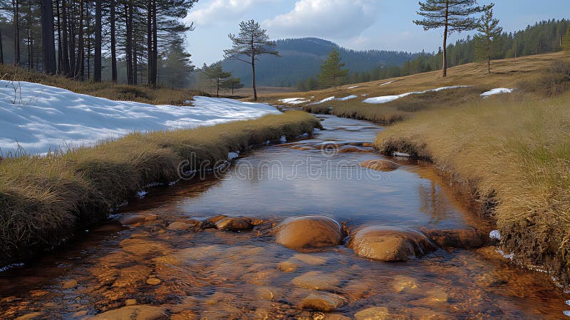 Mountain Stream Flows through Meadow, Snow, Pines Stock Illustration ...