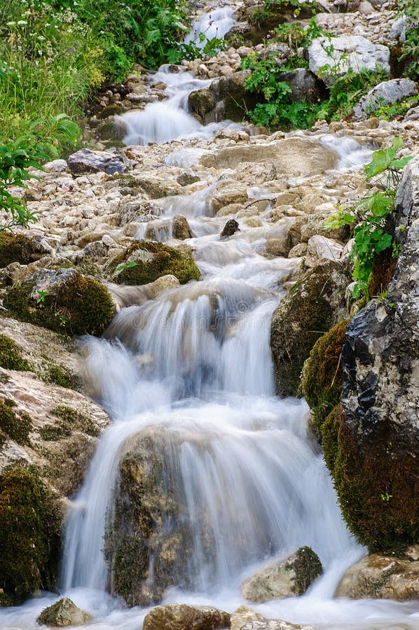 The Mountain Stream Flows Throw the Stones with a Beautiful Flow Stock ...