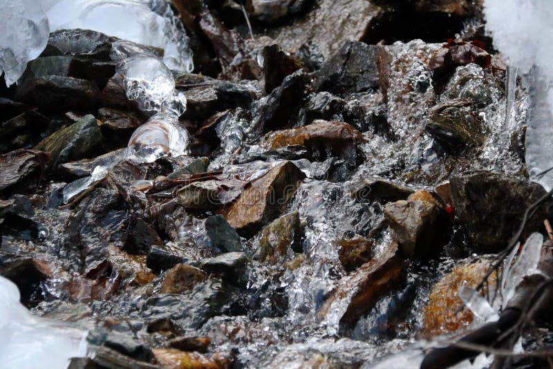 Mountain Stream Flows Trought Stones, Snow and Ice Stock Photo - Image ...