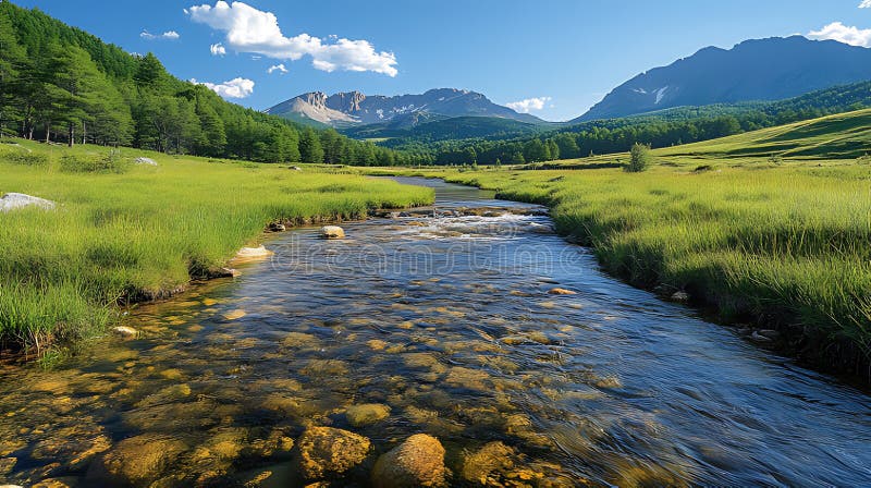 Mountain Stream Flows through Valley Meadow, Sunny Stock Illustration ...