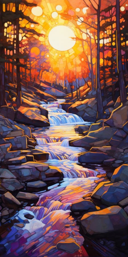 Sunset Stream in Forest. a Peaceful Stream Flows through a Dense Forest ...