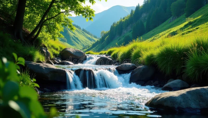 Mountain Stream Plunges, Verdant Hillside Backdrop , Spring, Valley ...