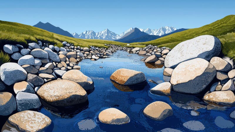 Mountain Stream with Rocks and Clear Water Stock Illustration ...