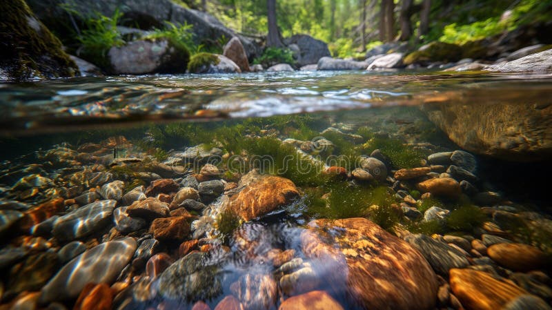 Mountain Stream with Rocks and Moss Visible Beneath the Water S Surface ...