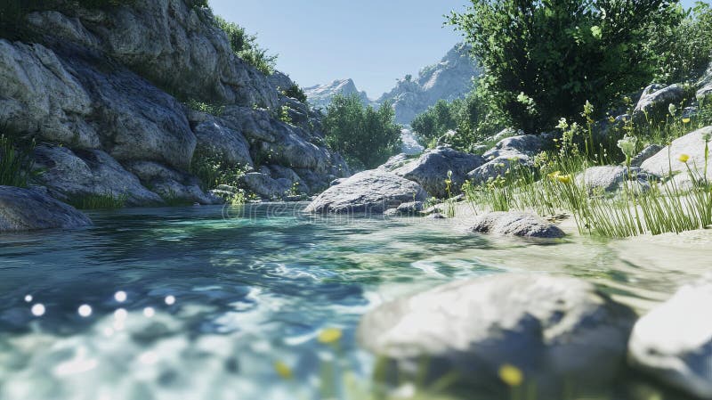 Mountain Stream with Rocky Banks and Crystal-clear Water Background ...