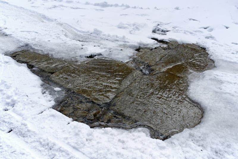 Stream Runs through a Snowy Mountain Path Stock Photo - Image of ...