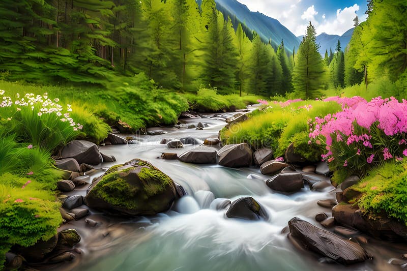 Mountain Stream in Spring stock illustration. Illustration of woodland ...