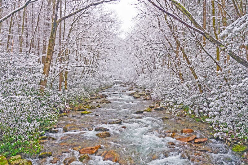 Mountain Stream in a Spring Snow Storm Stock Photo - Image of tennessee ...
